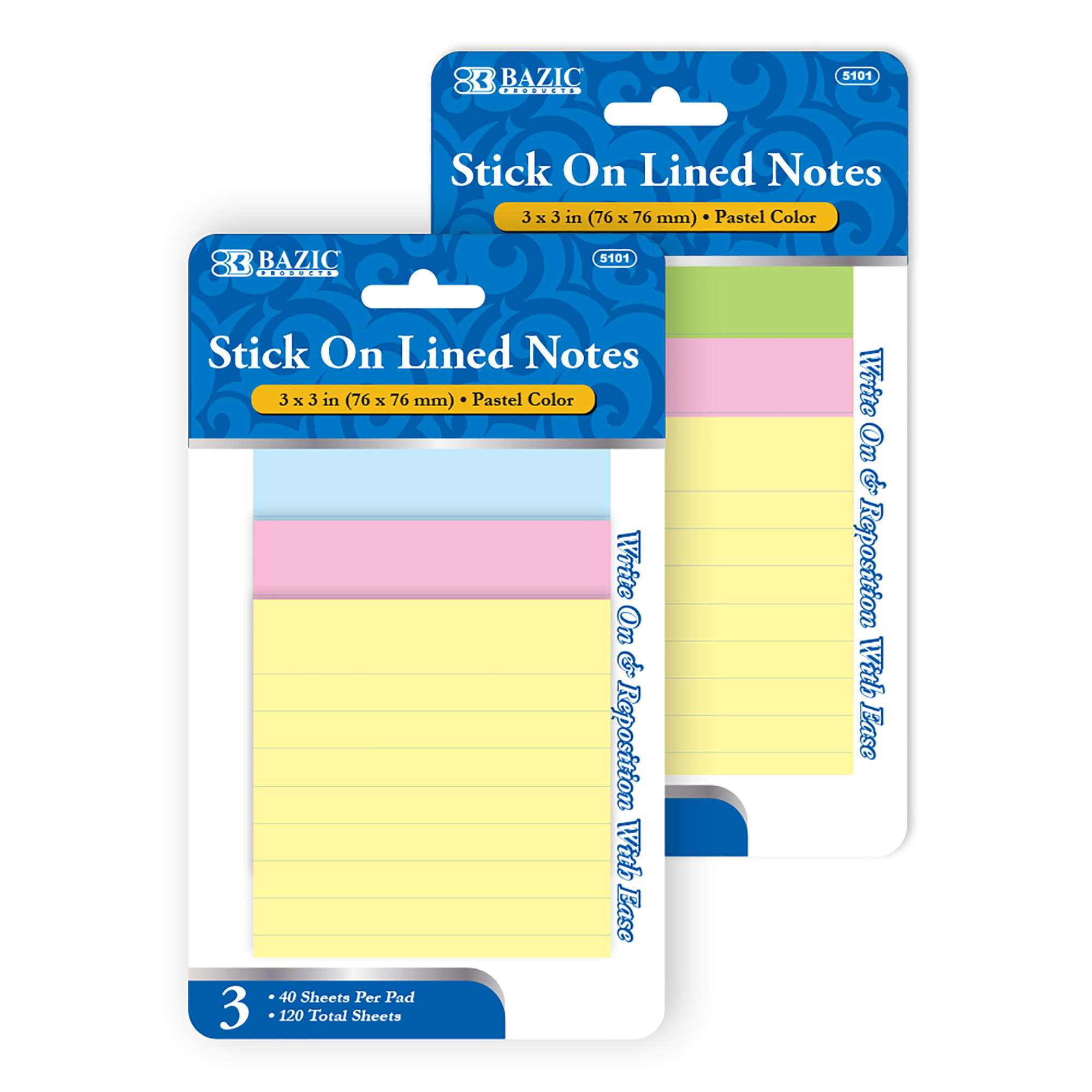 BAZIC Sticky Notes 3x3 Lined Assorted Color, (120 Sheets/Pack), 2-Pack ...