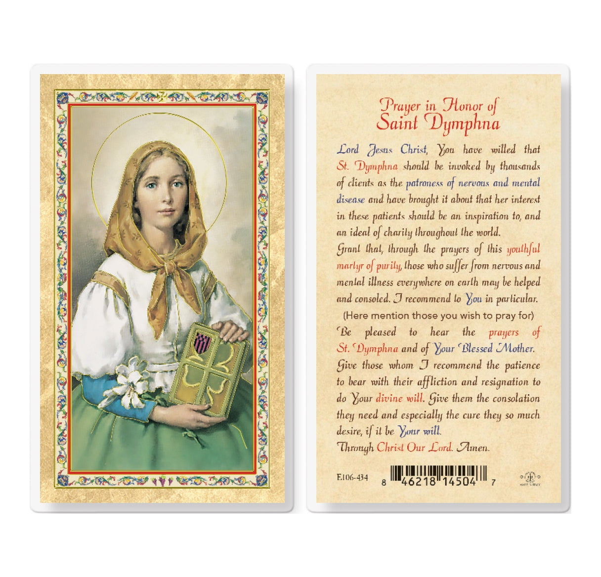 Prayer in Honor of St. Dymphna Gold-Stamped Laminated Catholic Prayer Holy Card with Prayer on ...