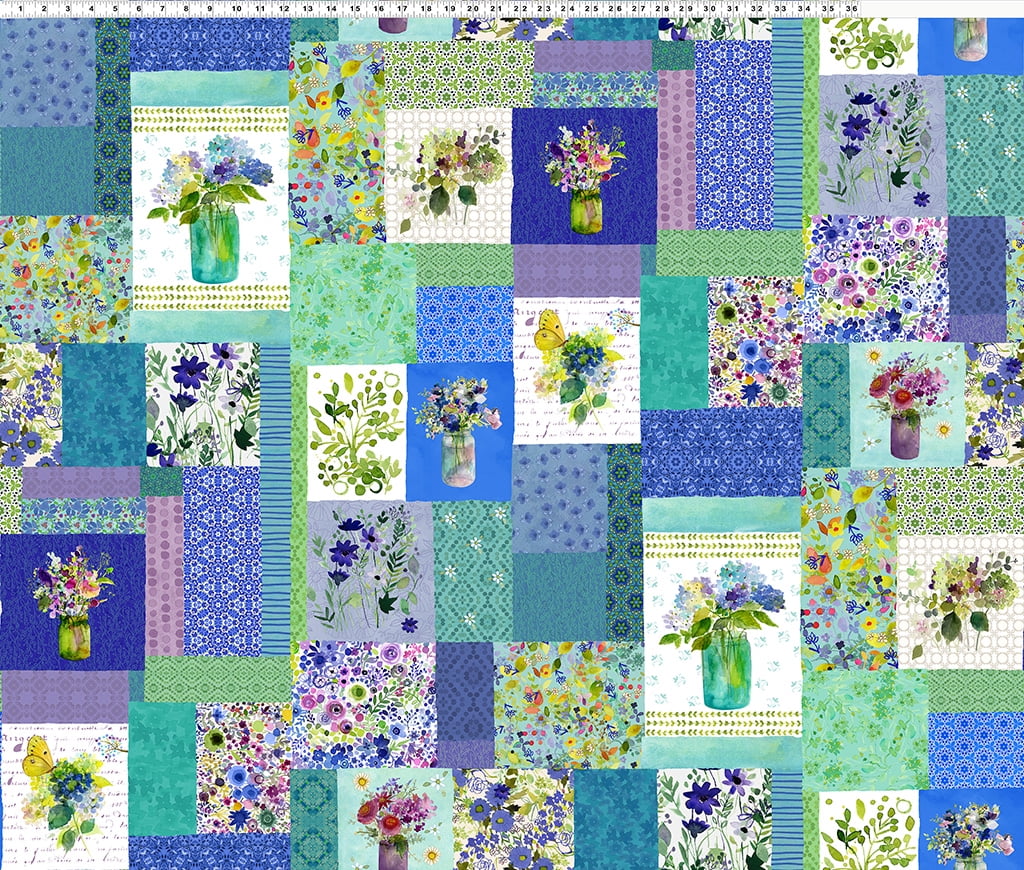 Cotton Painted Patchwork Flowers Bouquets Vases Floral Patches Dark ...