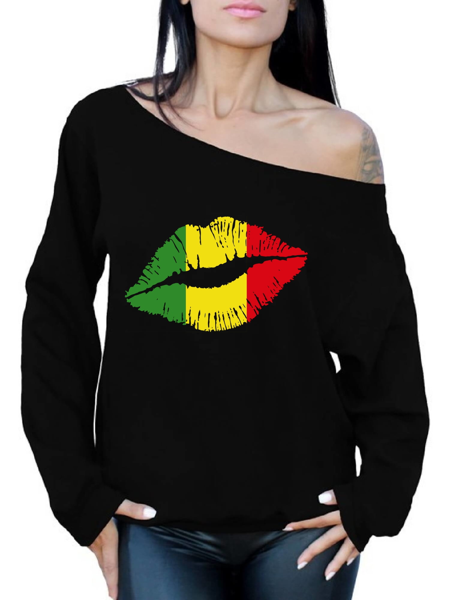 Awkward Styles Cute Lips Off The Shoulder Sweatshirt Rasta Lovers ...