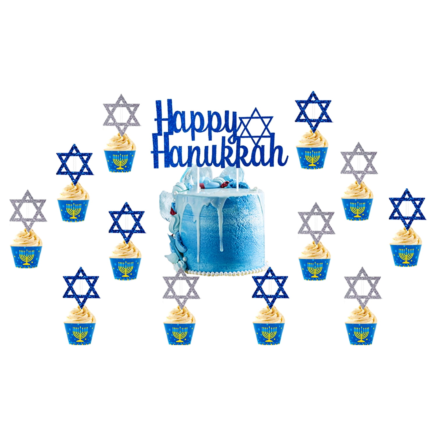 Hanukkah Theme Happy Hanukkah Cake Topper Set Blue Silver Hexagonal ...