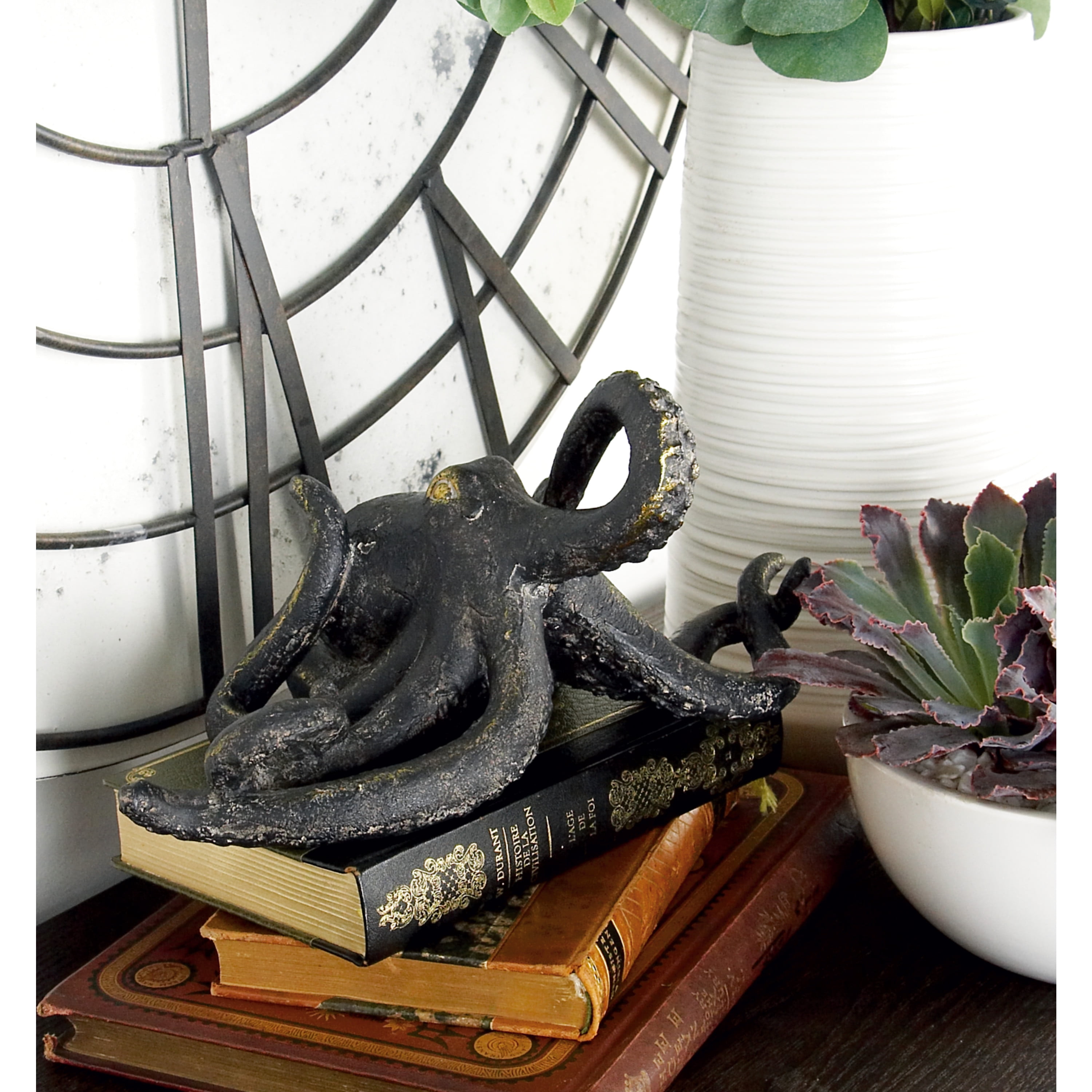 11" x 5" Black Polystone Octopus Sculpture with Long Tentacles and ...