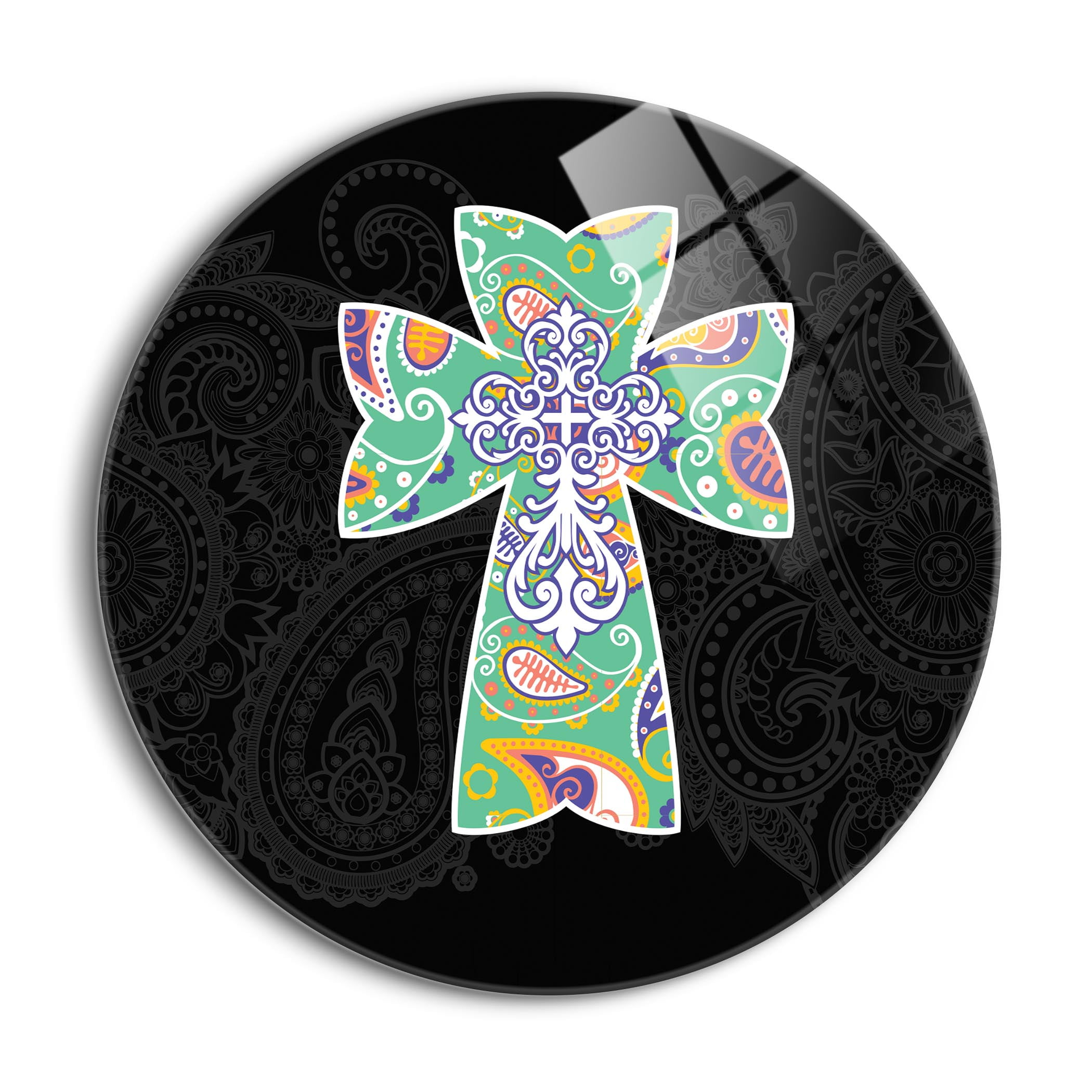 Chartreuse Cross Black Grey Paisley 24 inch Glass Round Wall Hanging ...