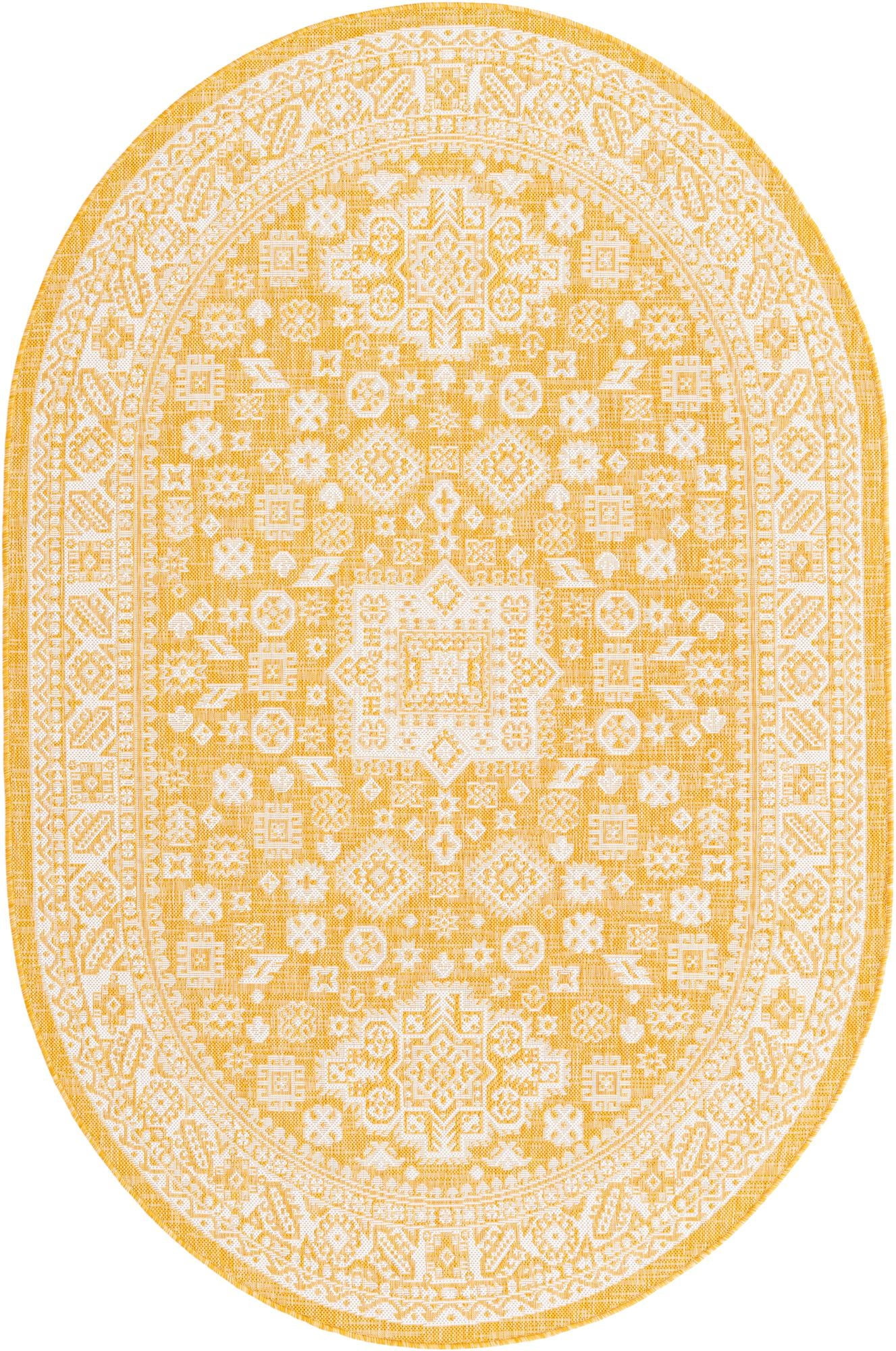 Rugs.com Outdoor Aztec Collection Rug – 5' x 8' Oval Yellow Flatweave ...