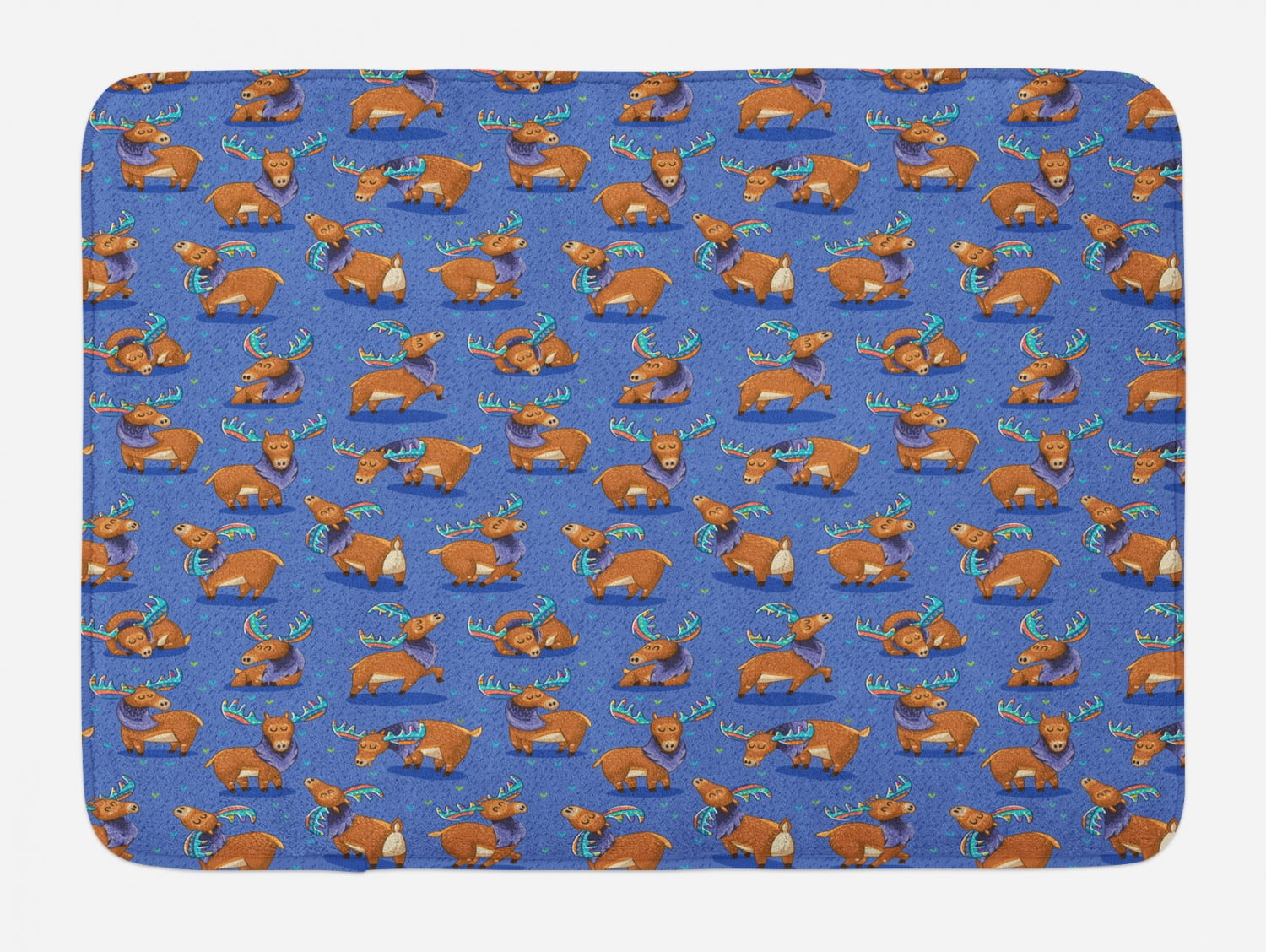 Moose Bath Mat, Hand Drawn Style Funny Cartoon Characters Elks with ...