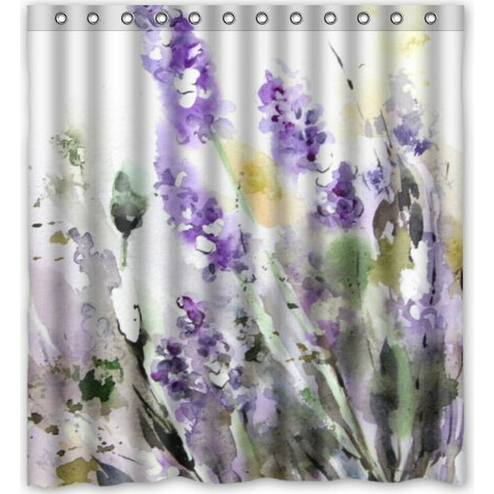 Greendecor Purple Lavender Flower Waterproof Shower Curtain Set With
