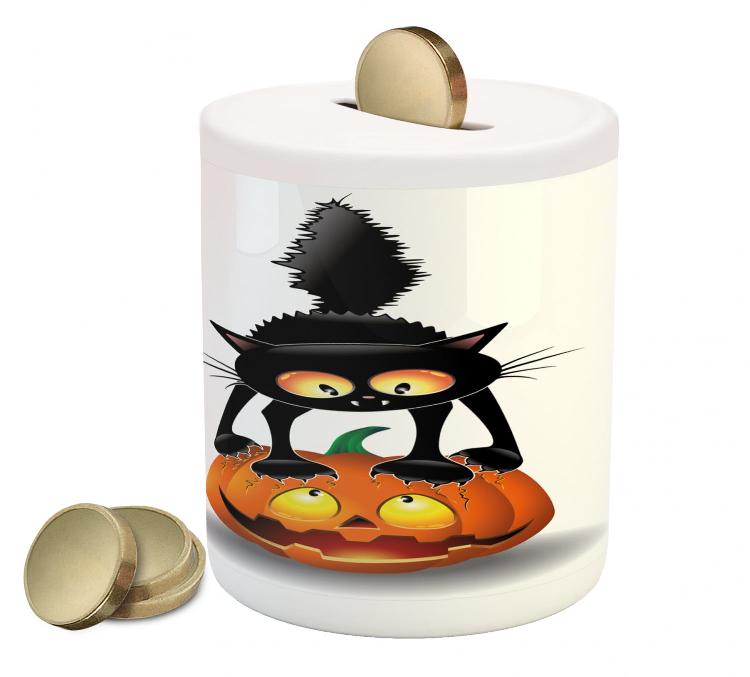 Halloween Piggy Bank, Black Cat on Pumpkin Drawing Spooky Cartoon ...
