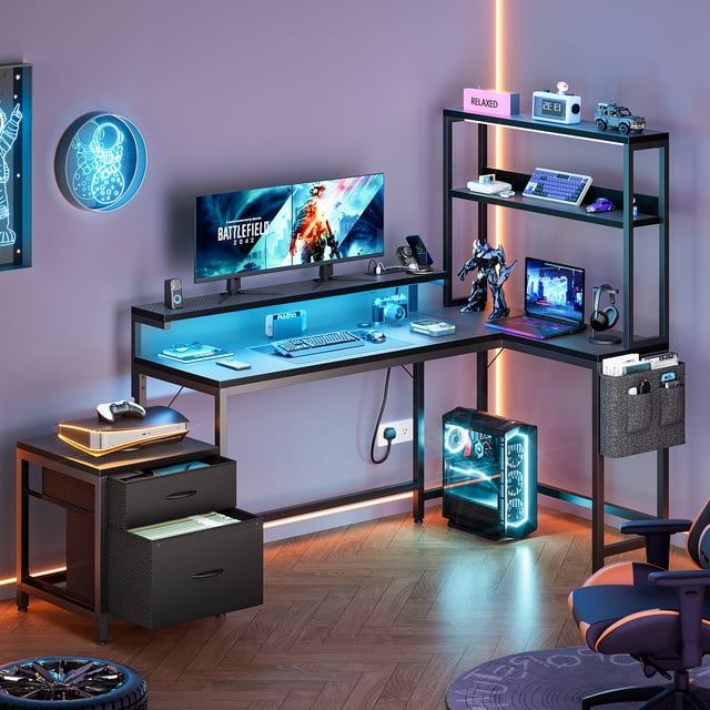 GUNAITO 71 inch Computer Desk L Shaped Gaming Desk with LED Light ...