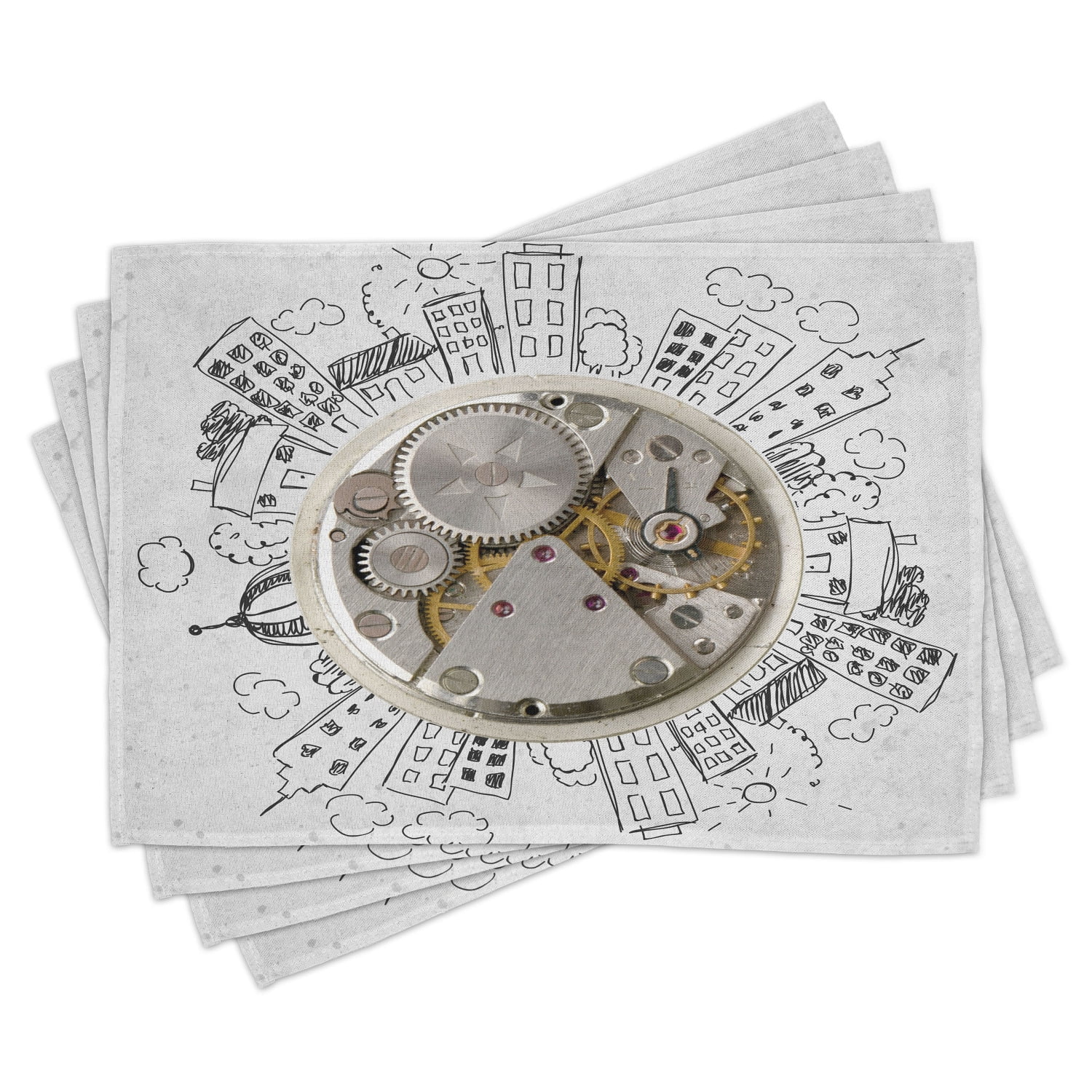 Ambesonne Modern Place Mats Set of 4, Alarm Clock with Clouds, Standard ...