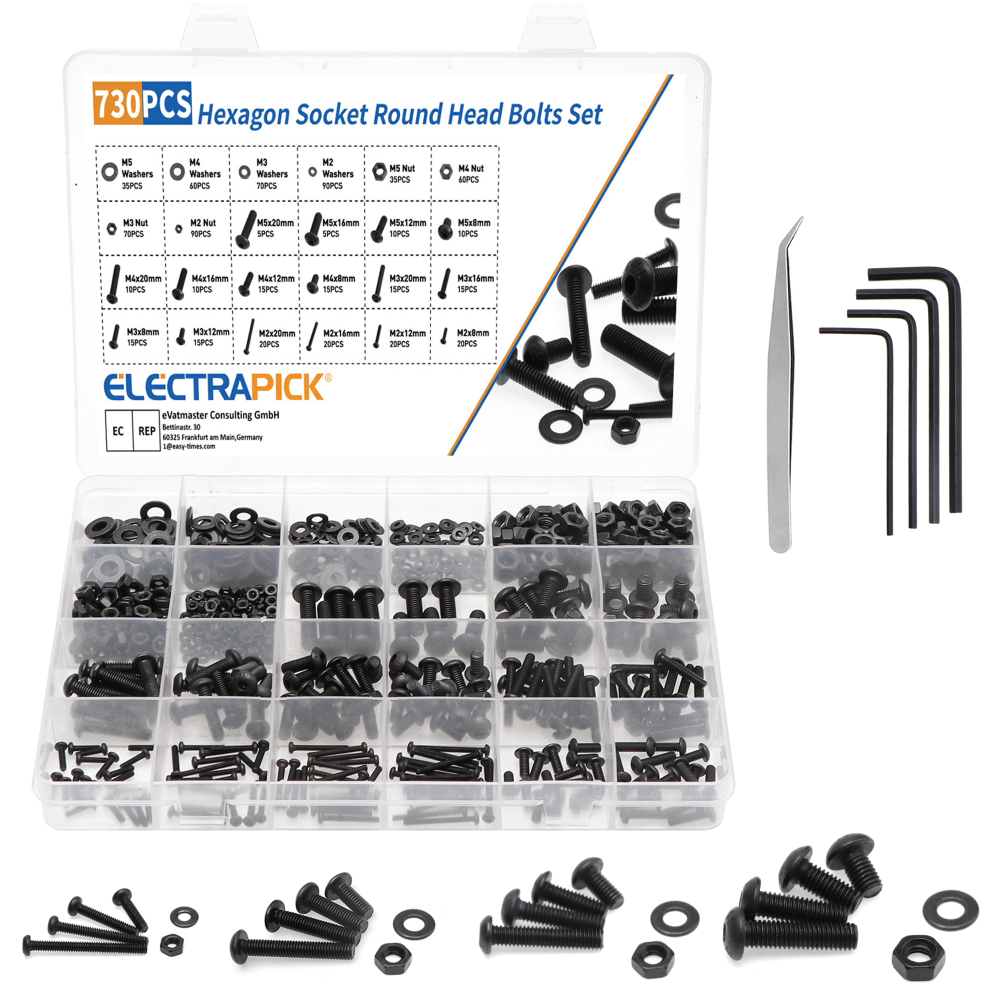Electrapick Hexagon Socket Round Head Bolts Screws Set 730 PCS, M2 M3 ...
