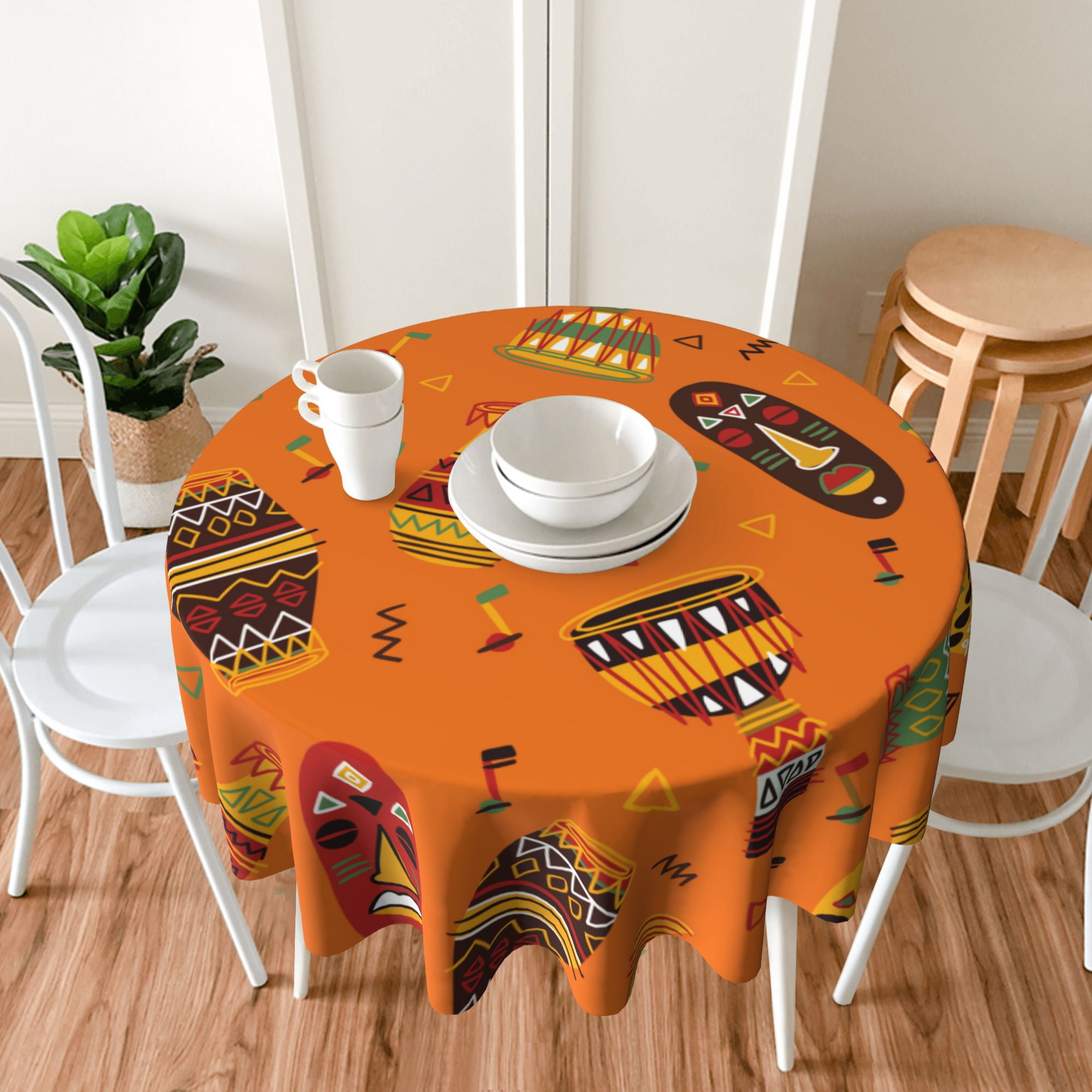 TEQUAN 60" Round Tablecloth, African Exotic Tribal Sketch Pattern ...