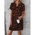 Brown Notched Neck Short Sleeve Leopard Print A-Line Casual Dress For ...