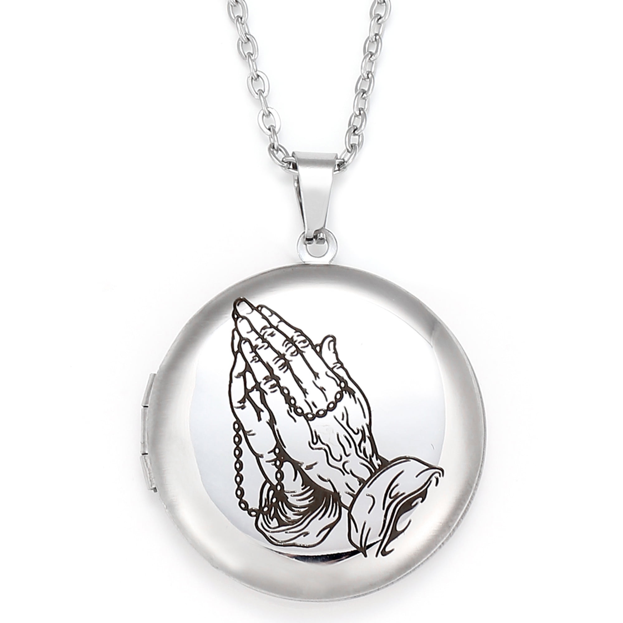 Prayer Hands Religious Bible Round Memory Locket Silver Necklace for ...