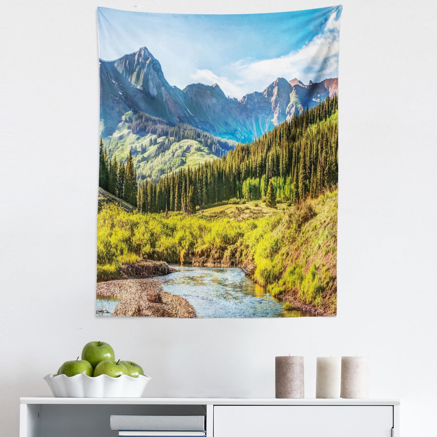 Landscape Tapestry, Mountain Vista Thick Forest Trees Mountain Flowing ...