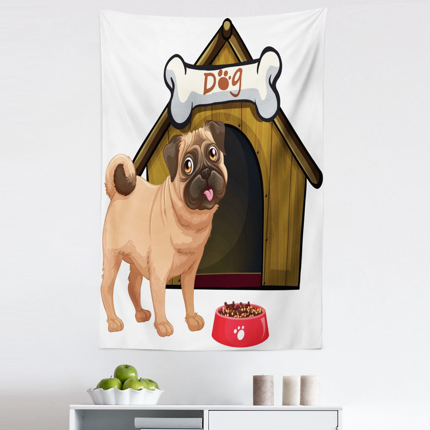 Pug Tapestry, Dog House with a Pug in Front and a Its Food Cartoon ...