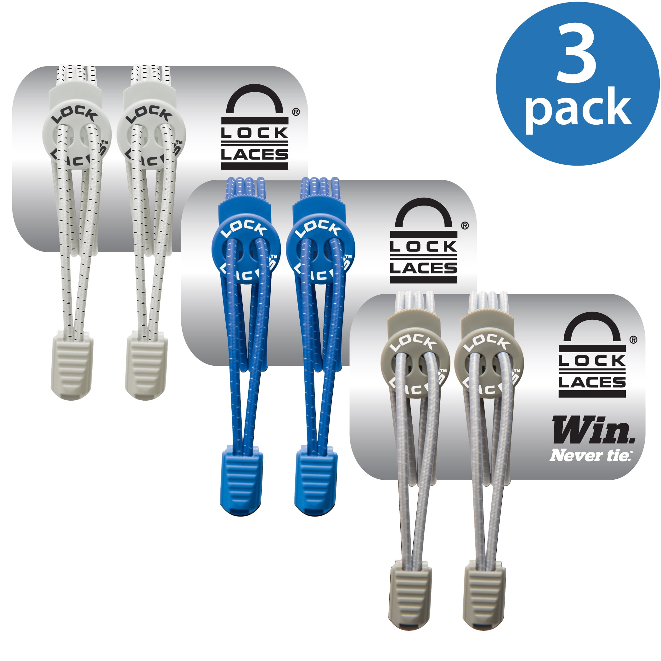 LOCK LACES (Elastic No Tie Shoe Laces) (Pack of 3) (White-Blue-Gray ...