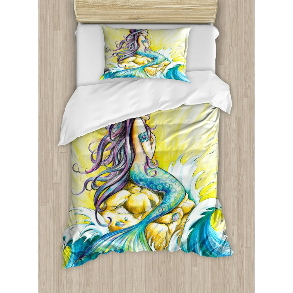 Mermaid Duvet Cover Set, Magical Mermaid Sitting on Rock Sunny Day ...