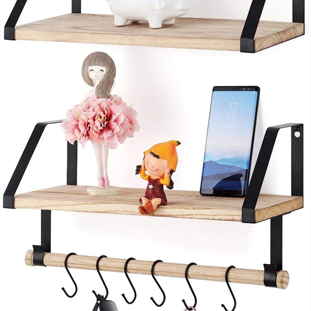 Set of 2 Floating Shelves Wall Mount for Kitchen Home with 6 Hooks ...