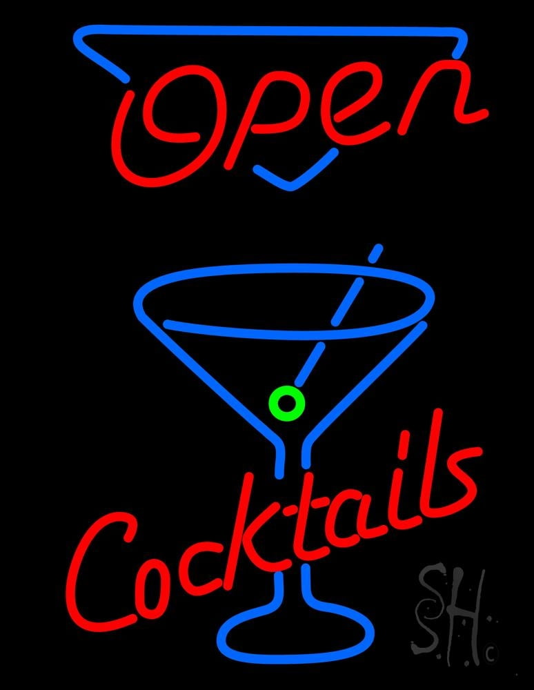 Open With Cocktail Glass LED Neon Sign 24 x 31 - inches, Clear Edge Cut ...