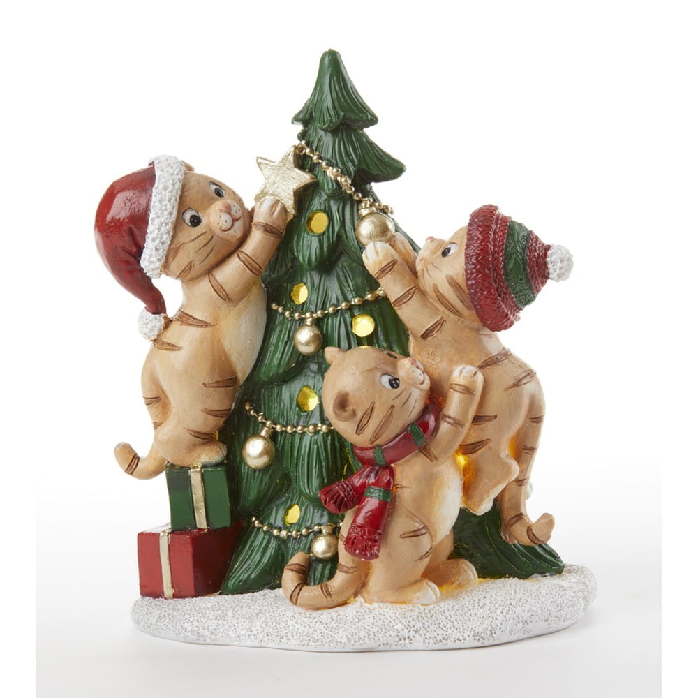Delton 4.9" x 6" Resin LED Christmas Cats with Tree Figurine, Brown ...