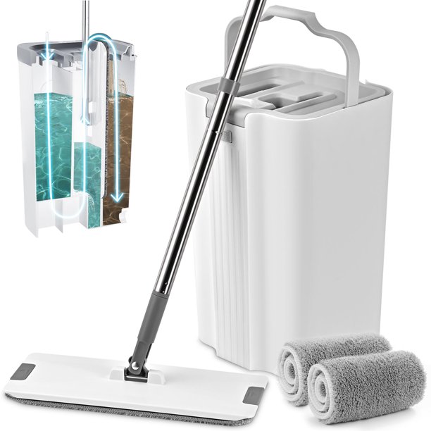 Flat Mop and Bucket Set, 3-Chamber Separates Dirty and Clean Water, Mop ...