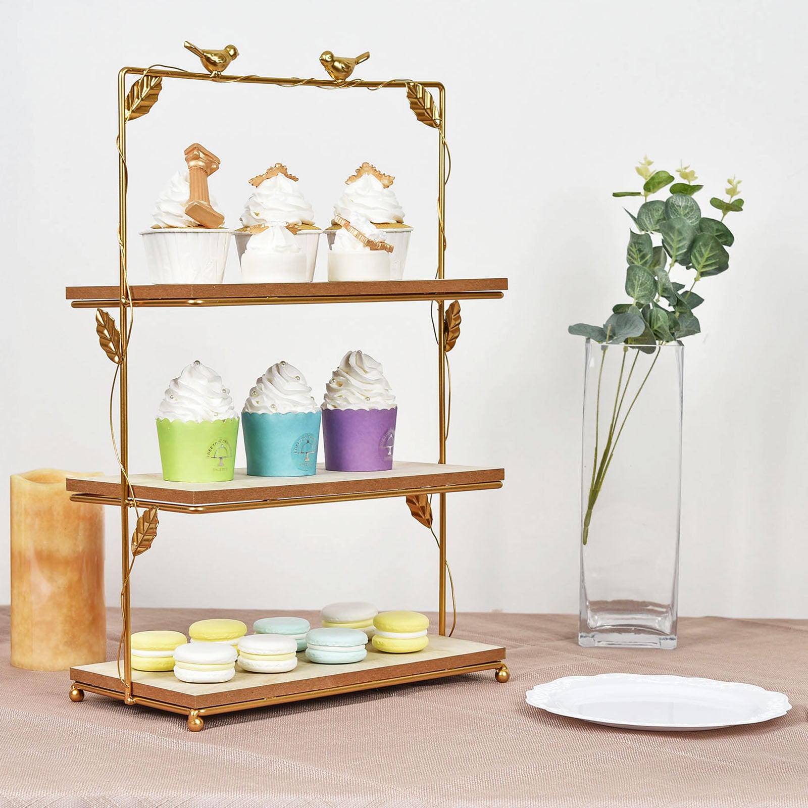 Efavormart 19" Gold Tiered Cupcake Stand, 3 Tier Wooden Top Dessert ...