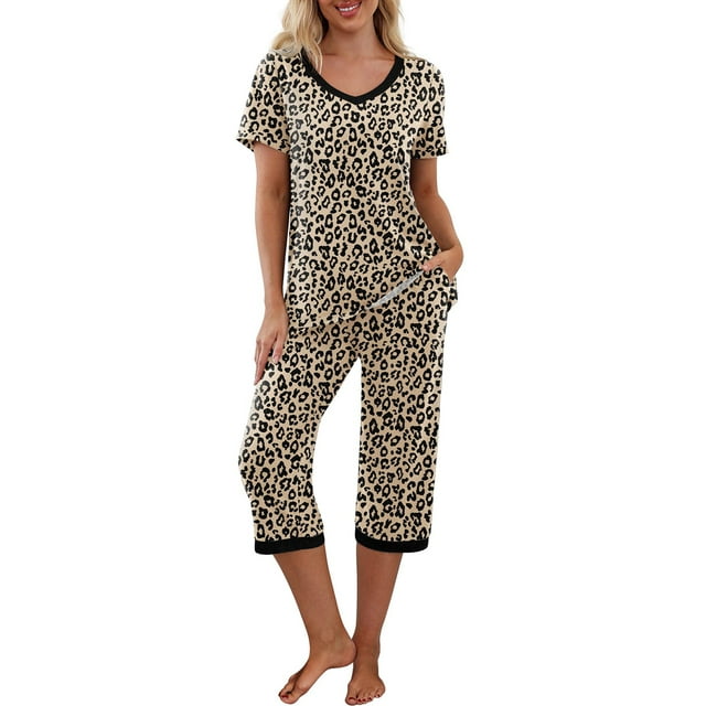 Thefound Women Pajama Sets Short Sleeve V Neck Sleepwear Top With Capri