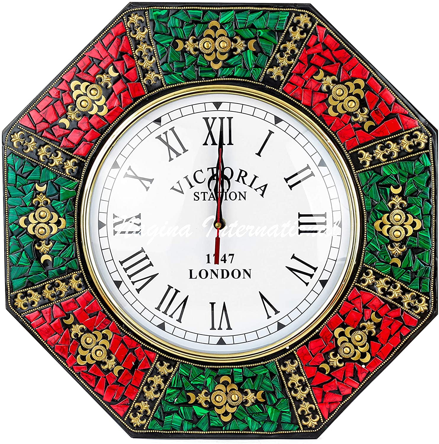 Wooden MDF Wall Clock (Octagonal - 8 Sides) - Red & Green (White Roman ...