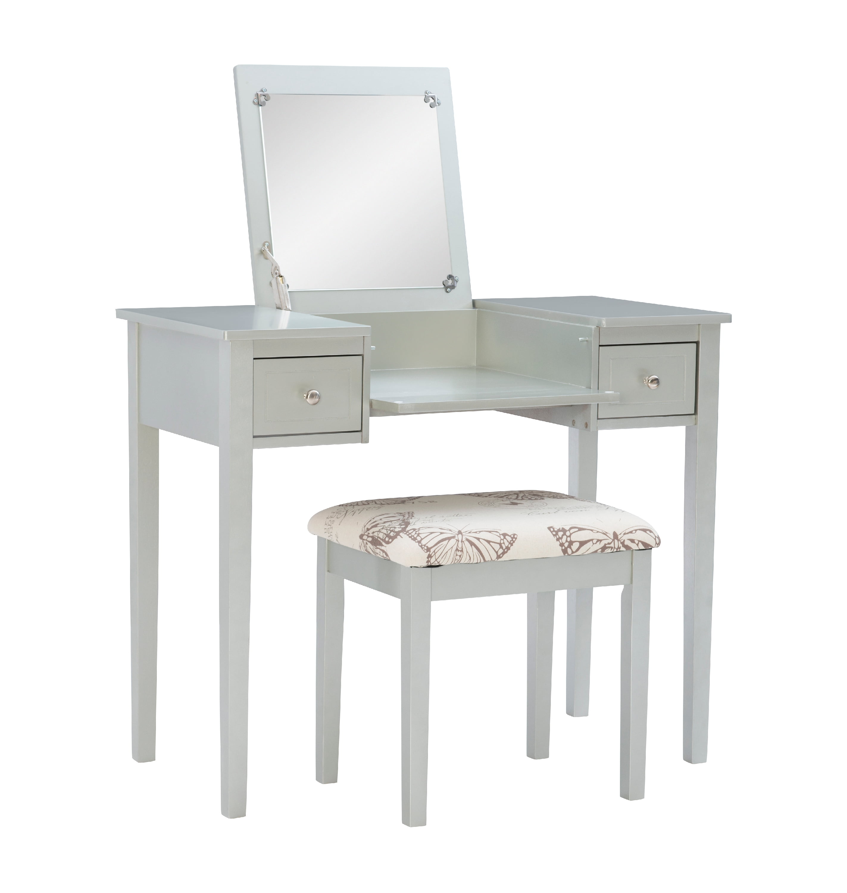 Ramsey Silver Flip-Top Mirror Vanity and Butterfly Upholstered Stool ...