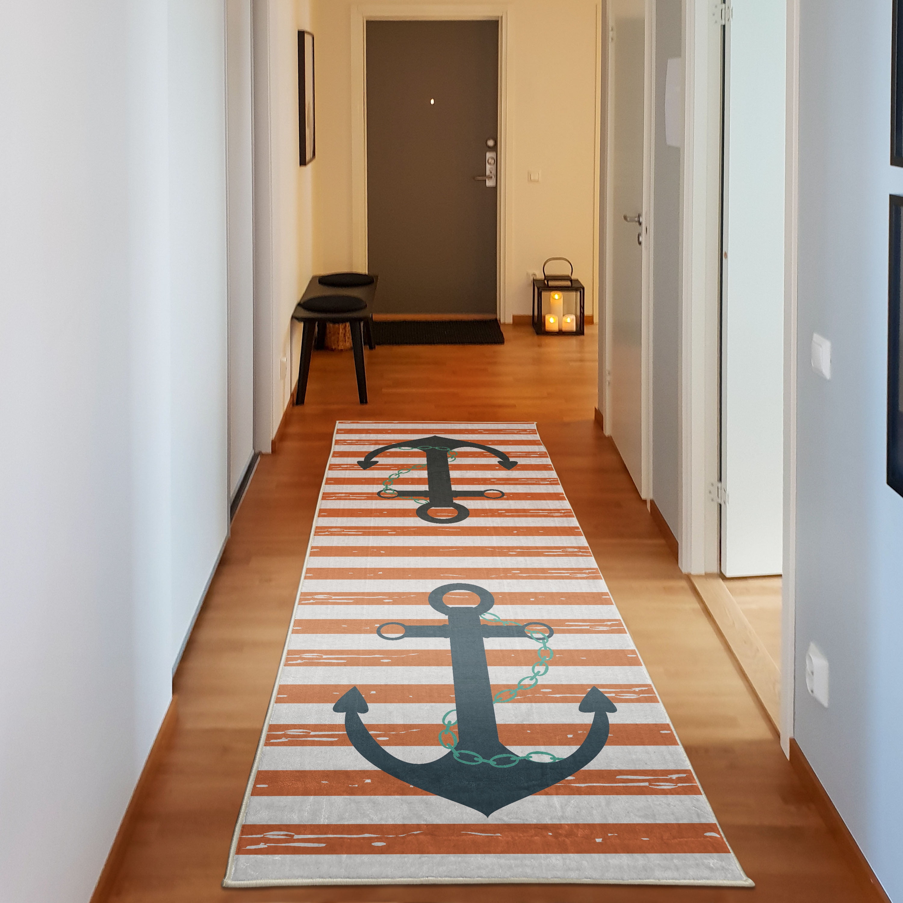 Striped Decorative Rug, Ship Anchor Chain Marine Life Inspired Lines ...