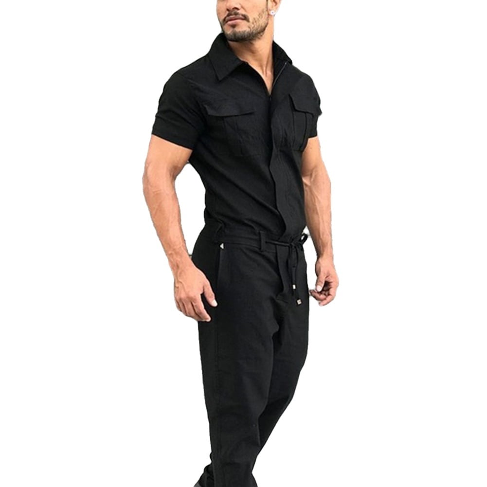 Men Short Sleeve Basic Work Coverall, Pure Color Cargo Overalls Casual ...