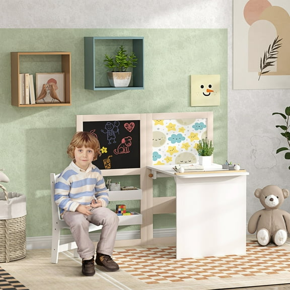 Kids 3 in 1 Art Table and Chair with Storage Shelves, Foldable ...