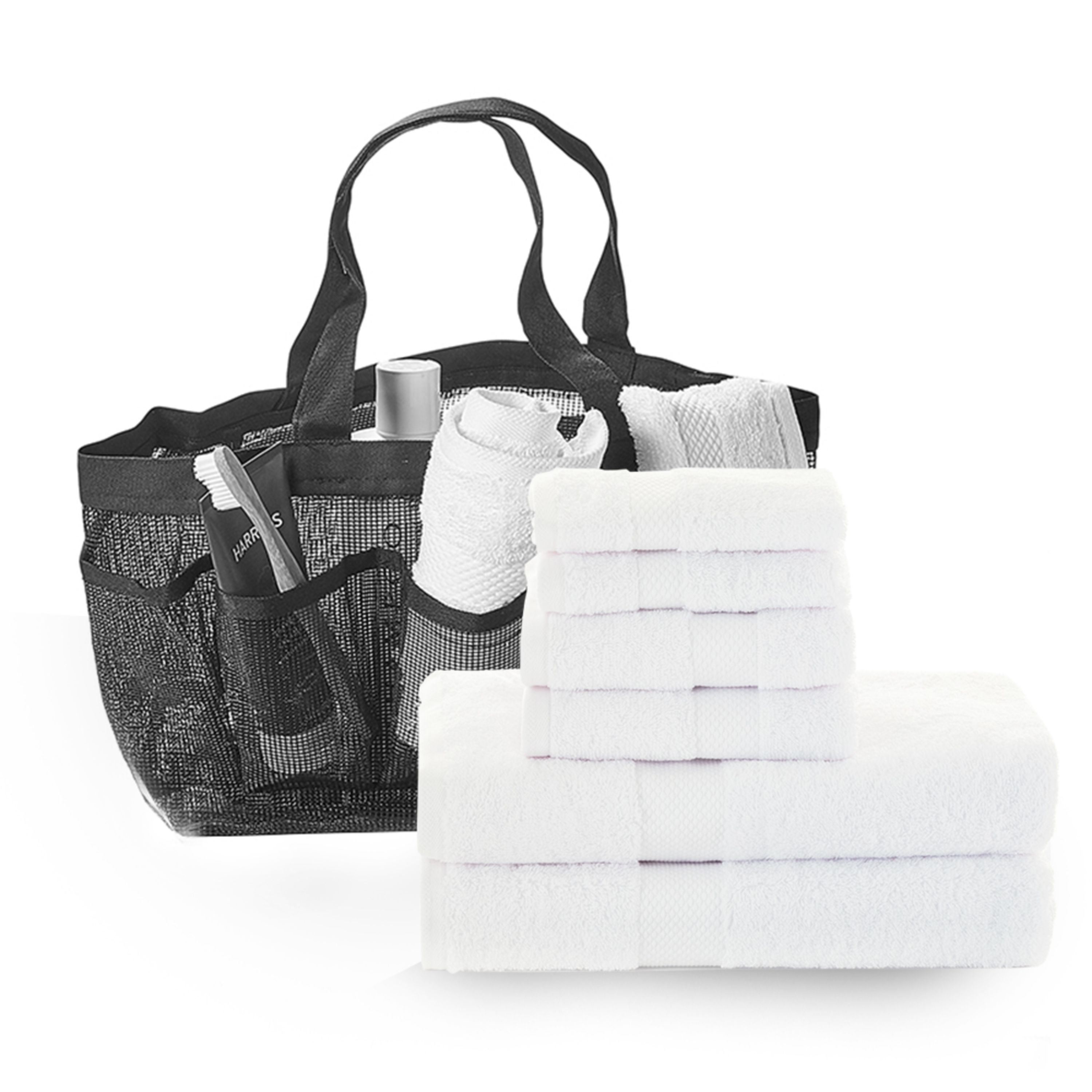 Dawn 7-Piece Bath Bundle, Black & White, Mesh Tote and 6-Piece 100% ...