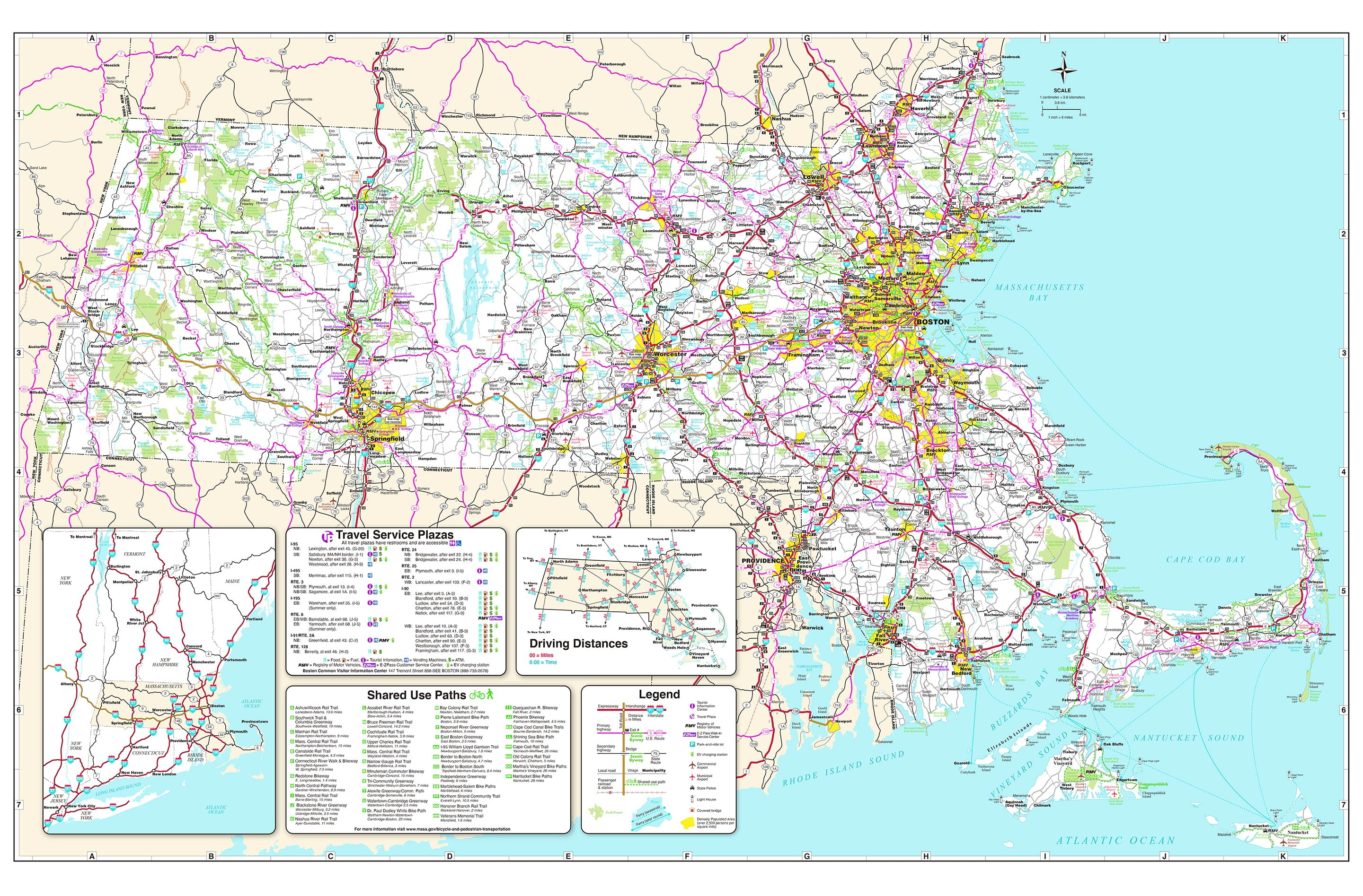 36x24in Massachusetts Detailed Transportation Map Expressway, Travel ...