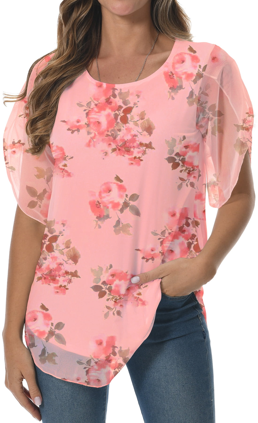 Aiyino Womens Ruffle 3/4 Sleeve Mesh Blouses Loose Flowy Tops Stretchy ...