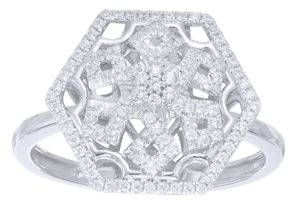 White Natural Diamond Hexagonal Framed Snowflake Ring in 10k White Gold ...