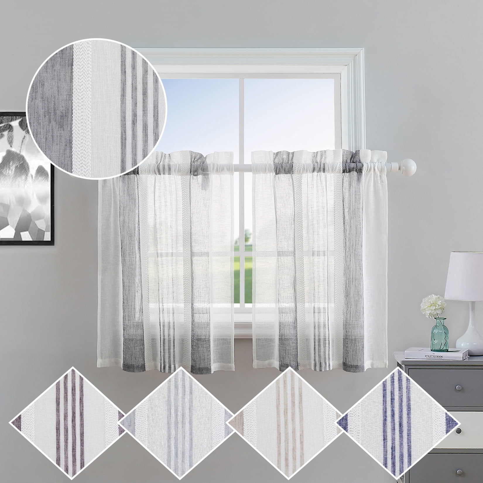 Haperlare 27"W x 36"L Sheer Kitchen Curtain, Vertical Stripe, Rod ...