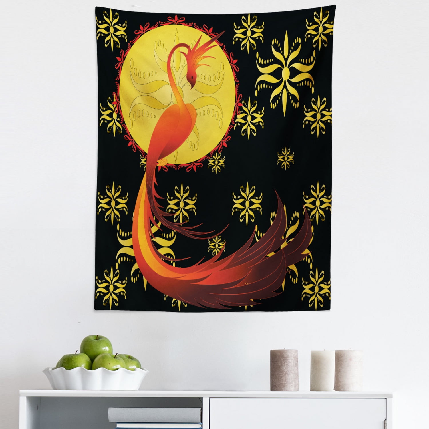 Birds Tapestry, Mythical Fiery Phoenix Standing by the Fullmoon ...