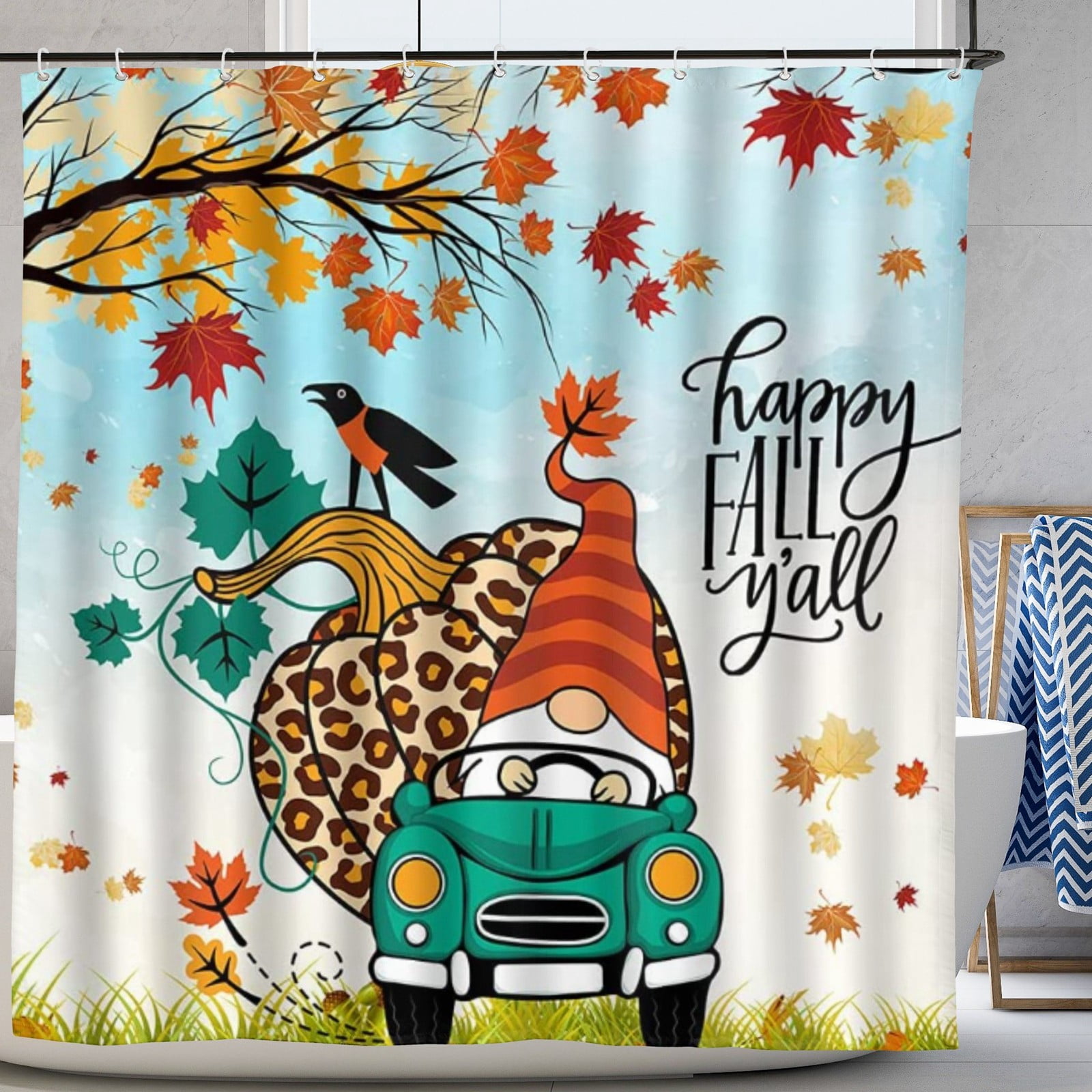 Fall Shower Curtain Happy Farmhouse Pumpkins Autumn Gnomes Maple Leaves ...