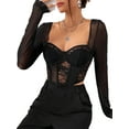 Musuos Womens Corset Crop Tops Long Sleeve Lace Patchwork Solid Color