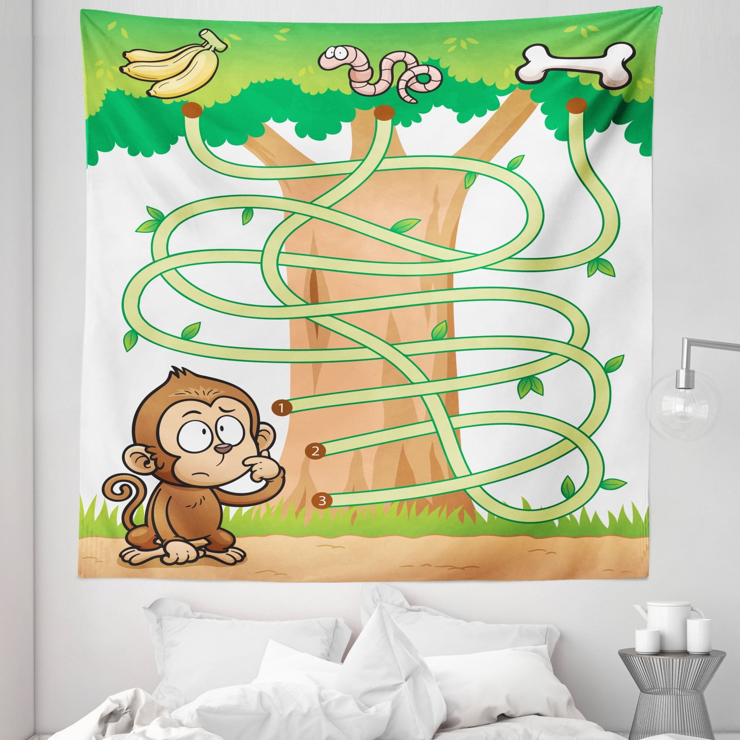 Cartoon Activity Tapestry, Curious Monkey Trying to Reach the Banana ...