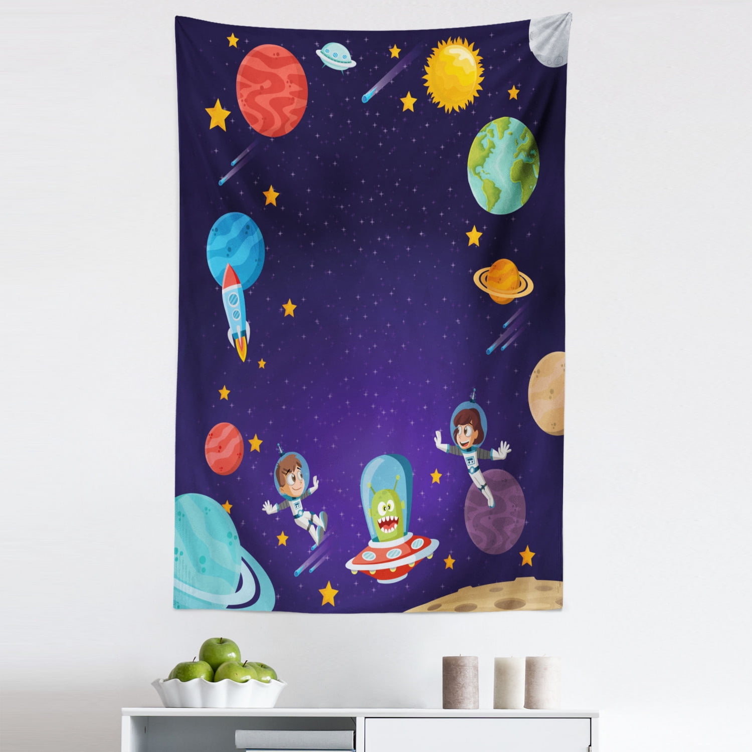 Alien Tapestry, Outer Space Themed Cartoon Astronaut Traveling Galaxies ...