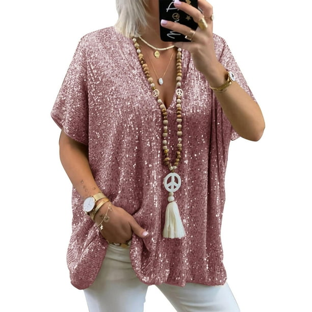 Julycc Womens Casual Party Short Sleeve V Neck Sparkle Sequins Tunic ...
