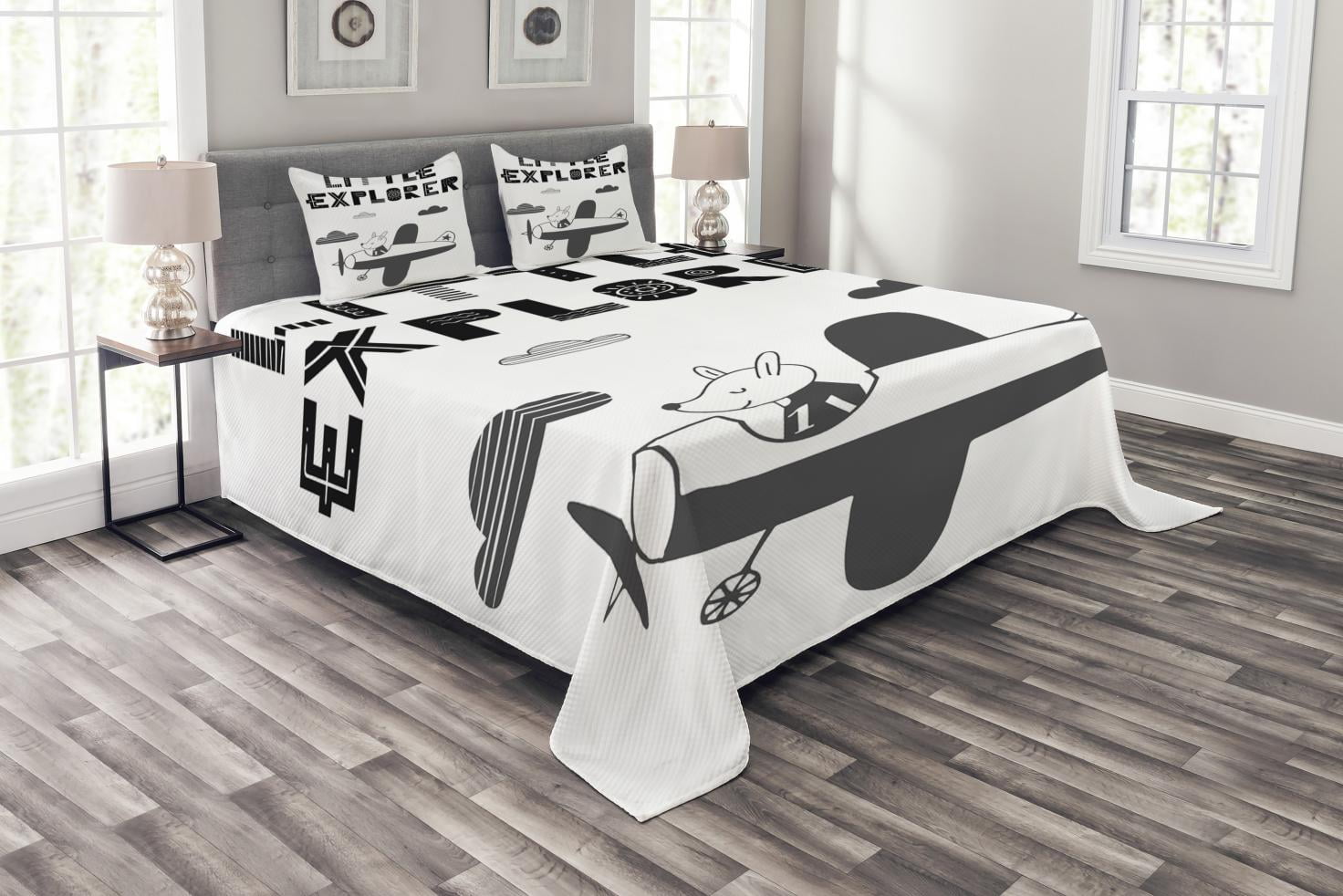 Explore Bedspread Set King Size, Hand Drawn Bunny in a Plane Monochrome ...