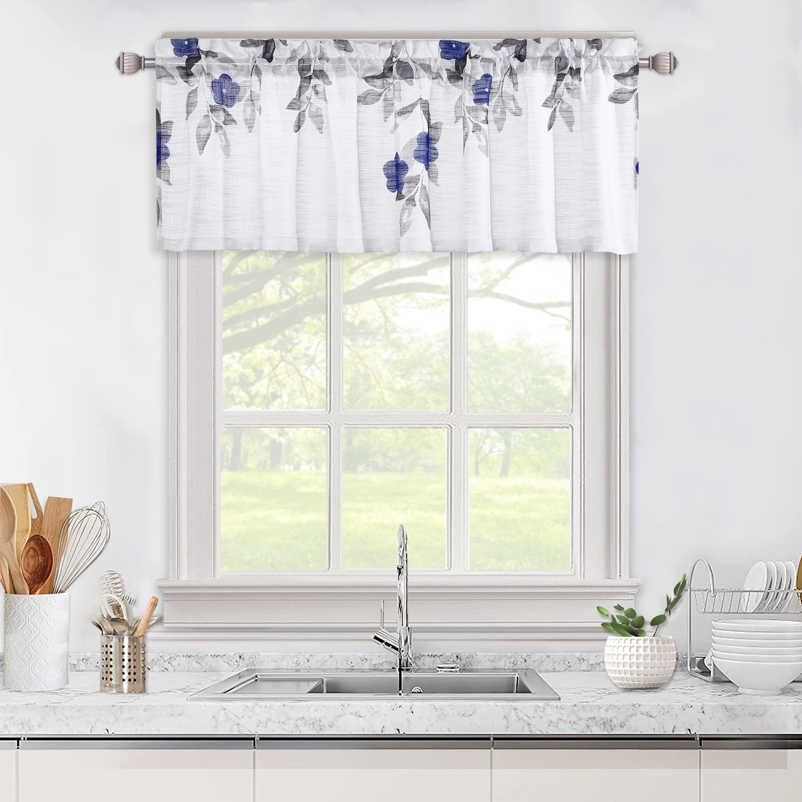 Blue Floral Vine Print Valance for Kitchen and Living Room Windows ...