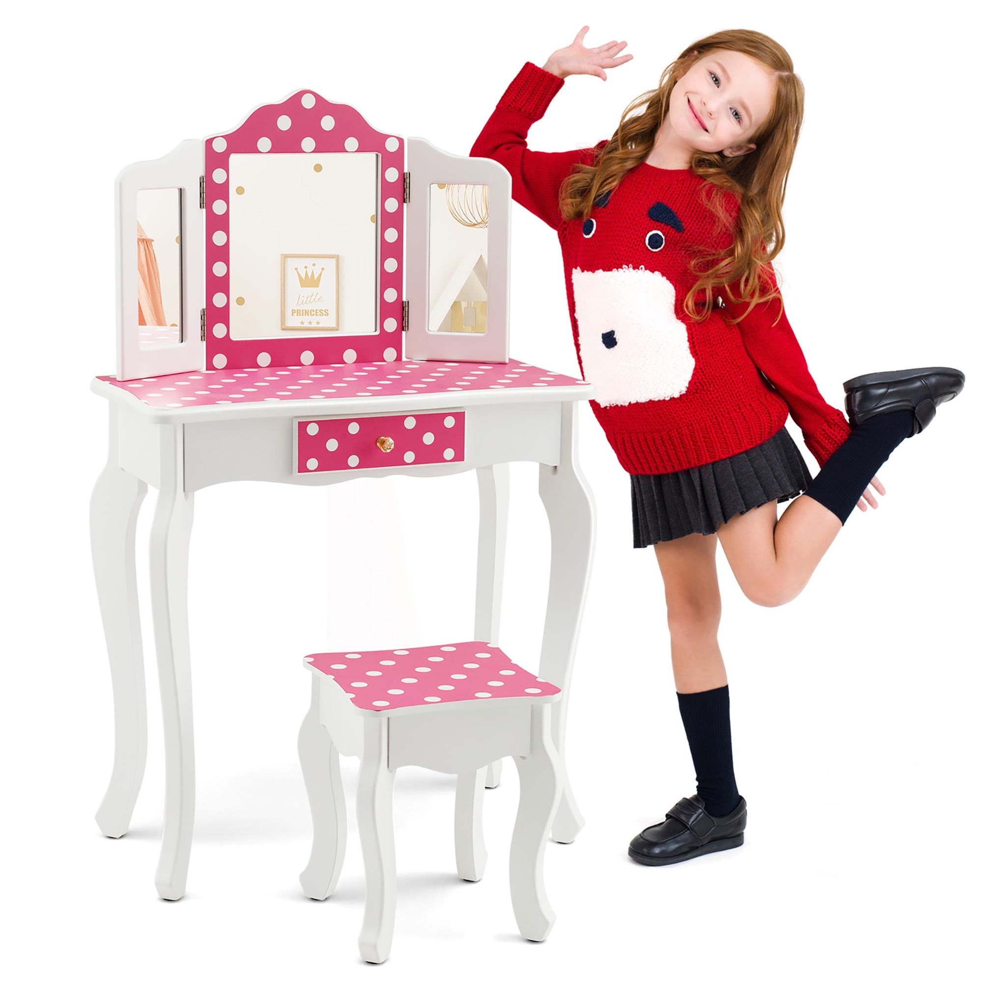 Click here for Costway Kid Vanity Set Wooden Makeup Table Stool T... prices