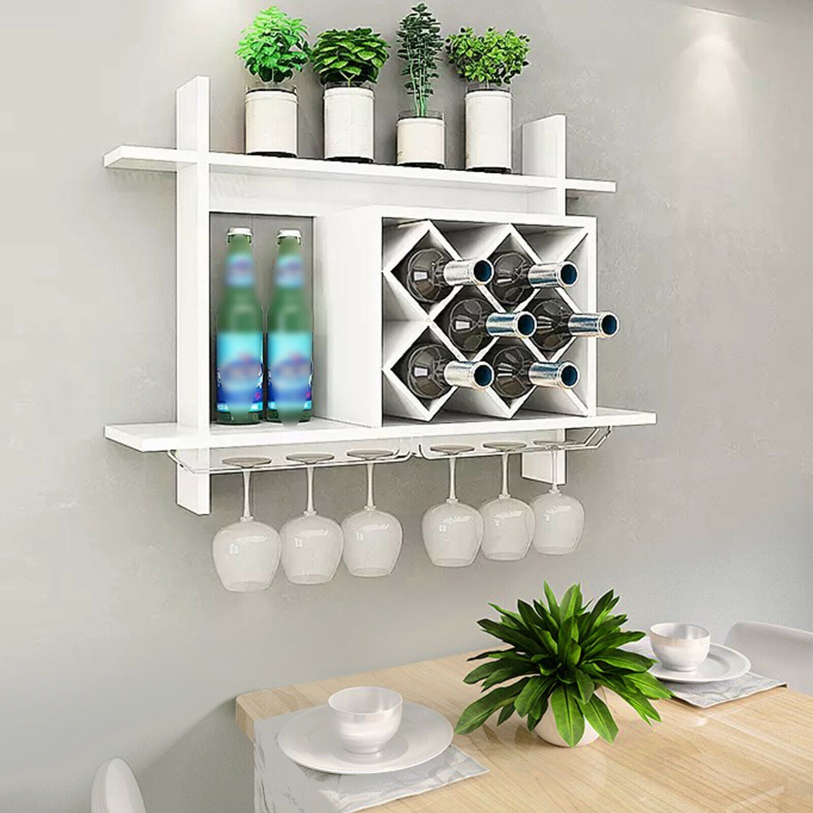 Wall Mount Wine Rack White w/ Storage Shelf & Glass Holder Organizer ...