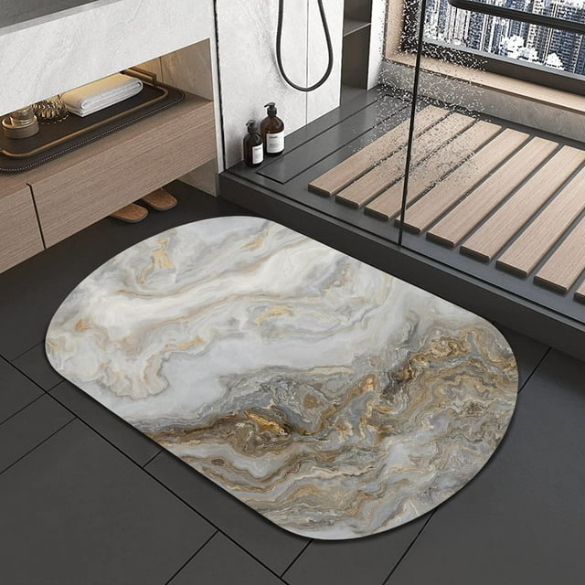 Oval Marble Bathroom Rug 17"x27" Super Absorbent Quick Dry Bath Mat for ...