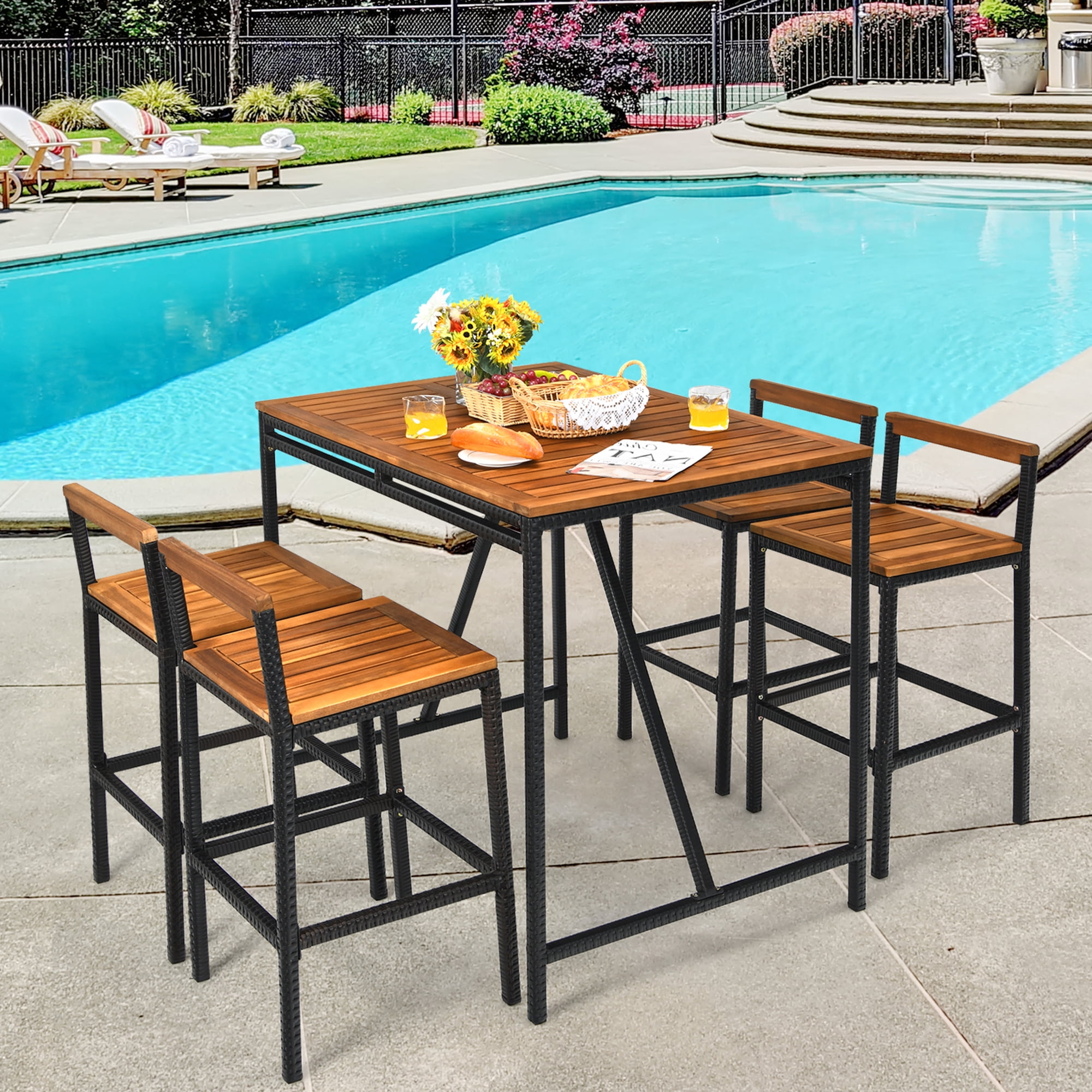 Gymax 5PCS Patio Bar Table Set PE Rattan High-Dining Bistro Set w ...