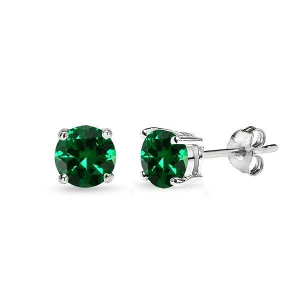 Simulated Emerald 5mm Round-Cut Solitaire Sterling Silver Stud Earrings ...